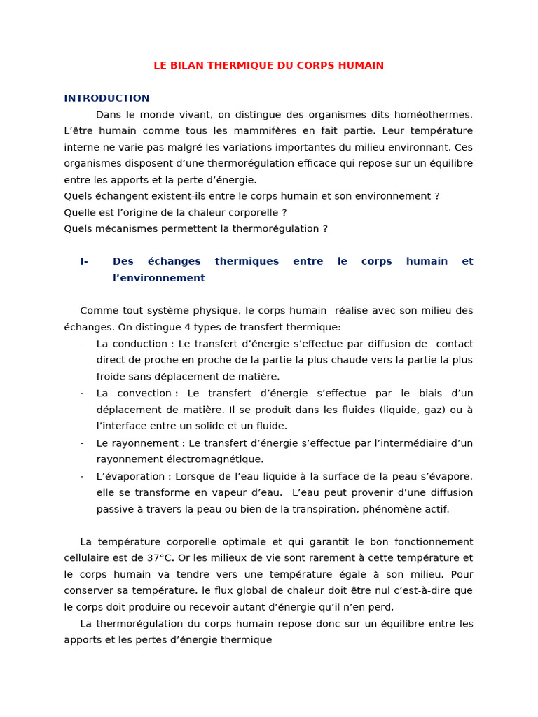 Chapitre III LE BILAN THERMIQUE DU CORPS HUMAIN | PDF