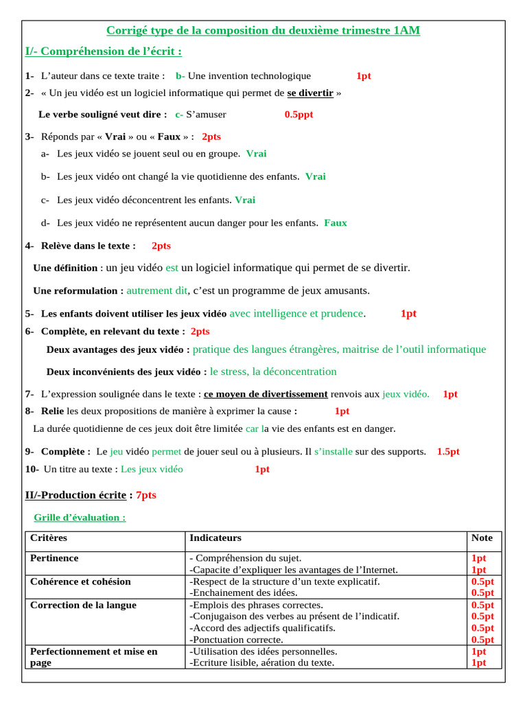 Corrigé Type de La Composition Du Deuxième Trimestre 1AM | PDF