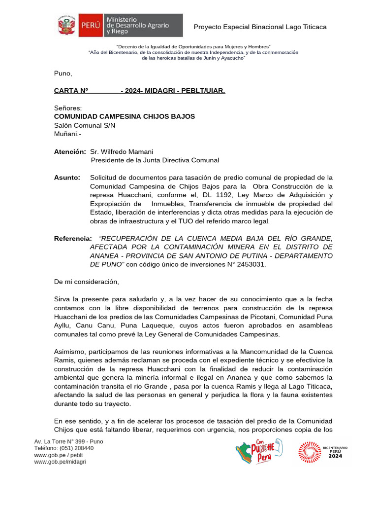 CARTA Solicitud de Documentos para Tasación de Predio Comunal de Propiedad de La Comunidad ...