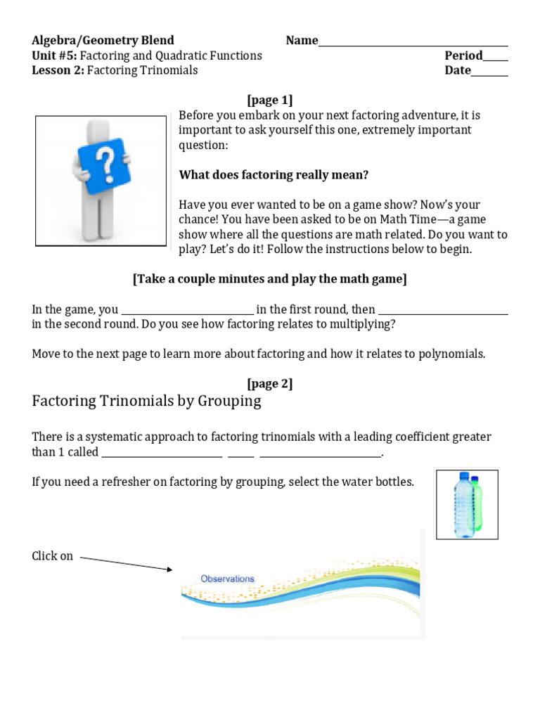 Unit5Lesson2 - Notes and HW - Factoring Trinomials | PDF