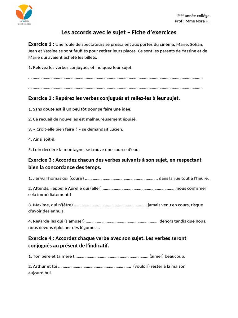Les Accords Avec Le Sujet Exos Ortho | PDF