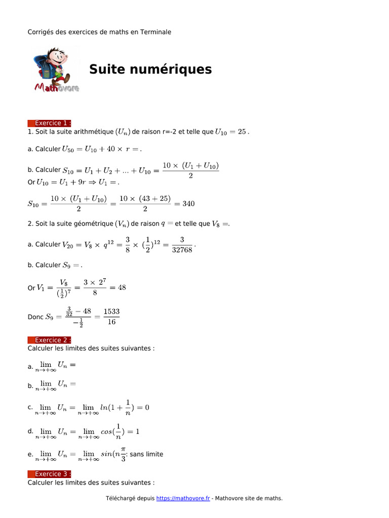 Suite Numeriques Corriges Des Exercices de Maths en Terminale 26505 | PDF
