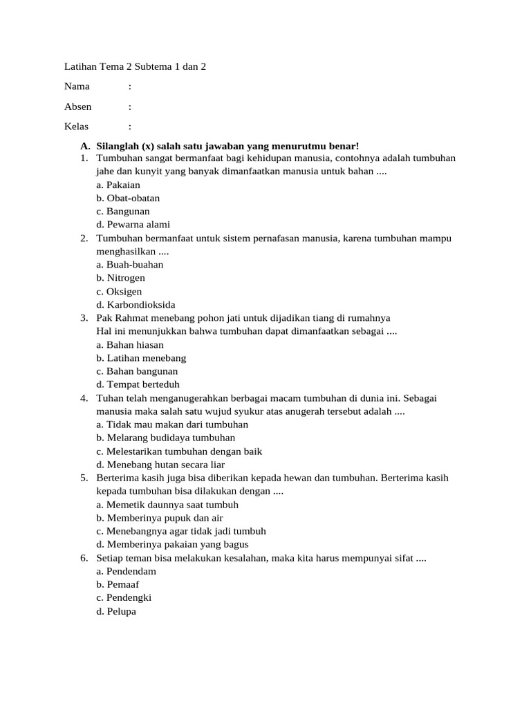 Latihan Tema 2 Subtema 1 Dan 2 Pdf