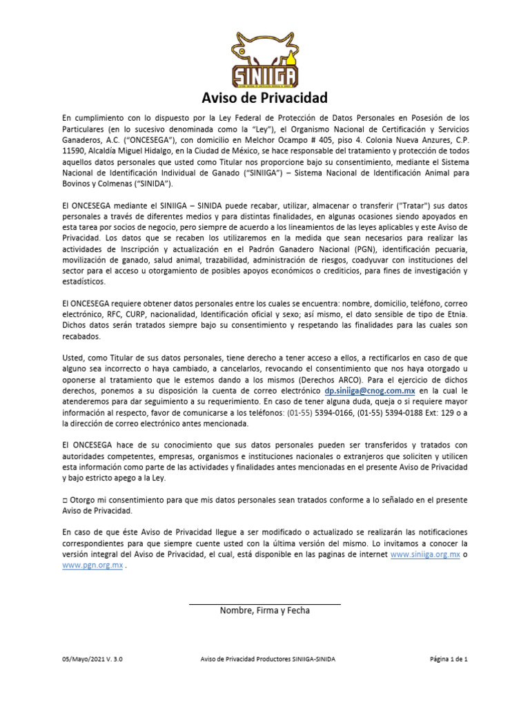 Aviso de Privacidad UPP SINIIGA | PDF