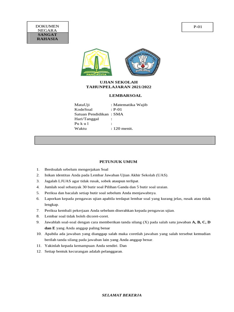 Soal Uas MTK Wajib 2022 | PDF