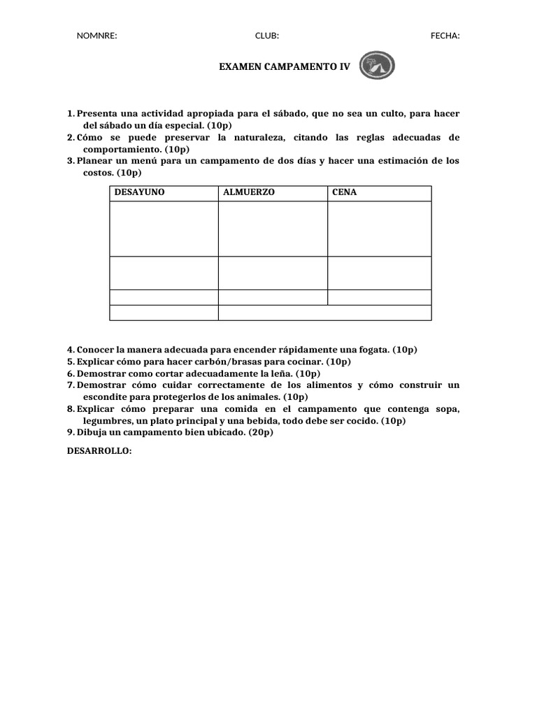 EXAMEN CAMPAMENTO IV | PDF