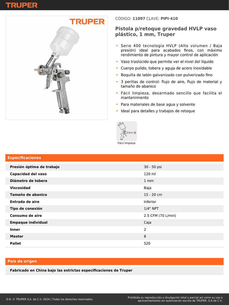 Pistola P/retoque Gravedad HVLP Vaso Plástico, 1 MM, Truper: CÓDIGO: 11097 CLAVE: PIPI-410 | PDF