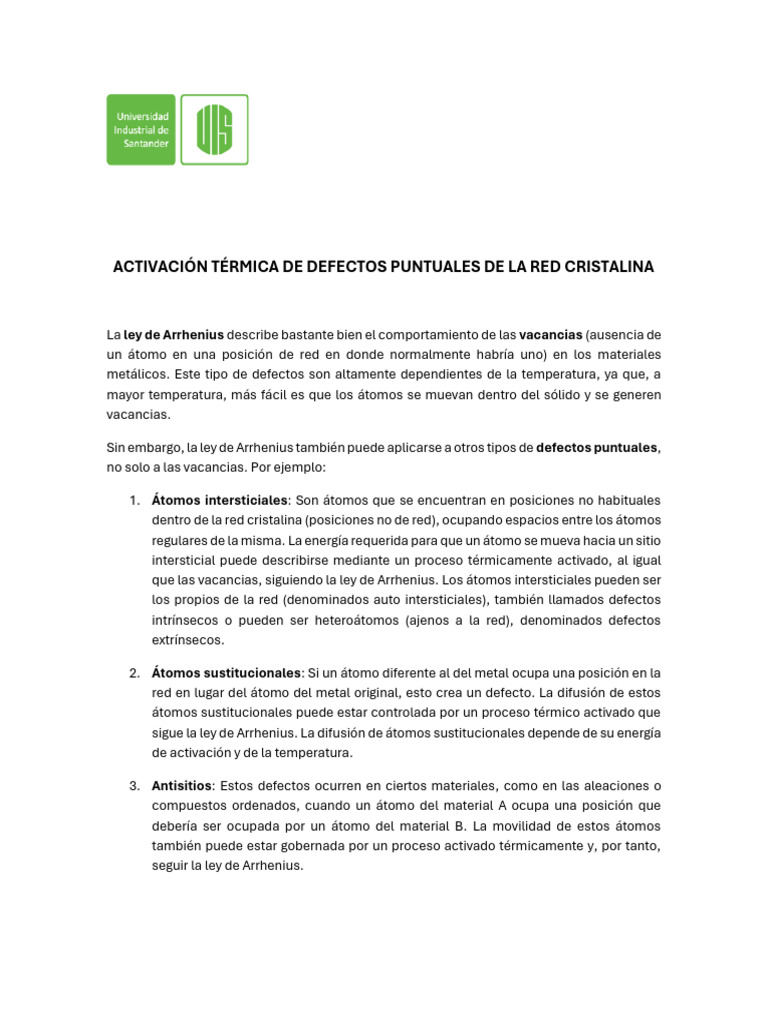 Defectos Cristalinos y Ley de Arrhenius | PDF | Difusión | Temperatura
