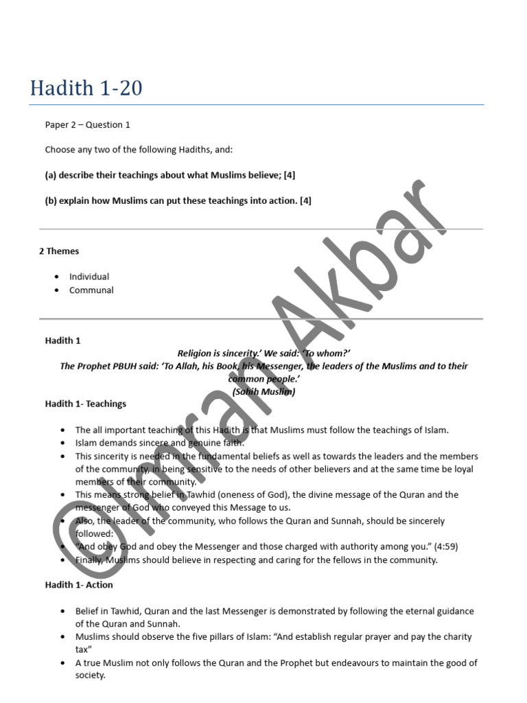 Hadith 1-20 (Handouts) ISLAMIYAT | PDF | Hadith | Career & Growth
