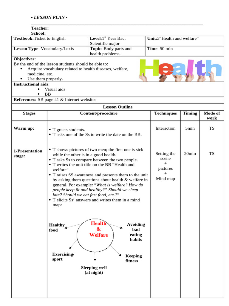 Lesson Plan- Vocabulary Health and Welfare Related (1bac) | PDF
