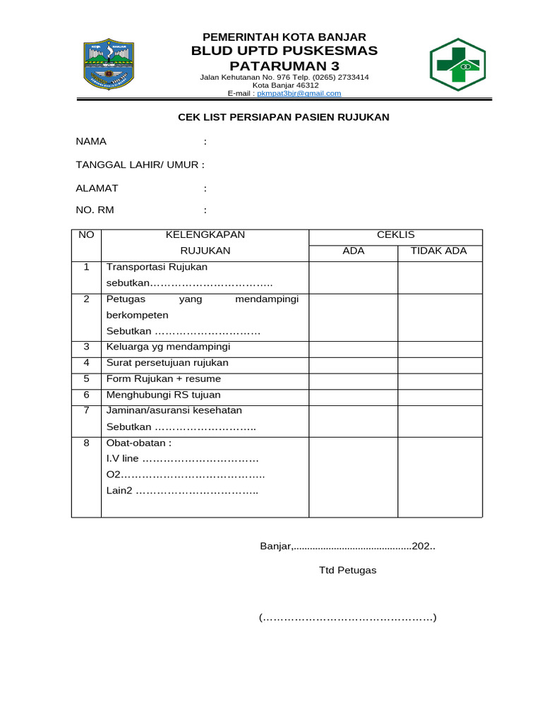 Form Ceklis Persiapan Pasien Rujukan Emergensi | PDF