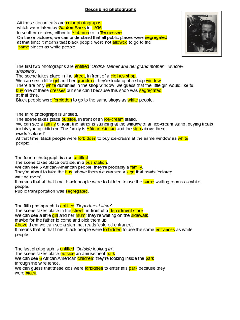 corrigé describing Gordon Parks photographs | PDF