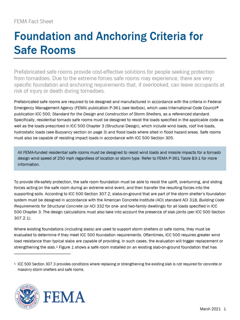 Fema - Safe Room Foundation Anchoring - Fact Sheet - 10052021 | PDF