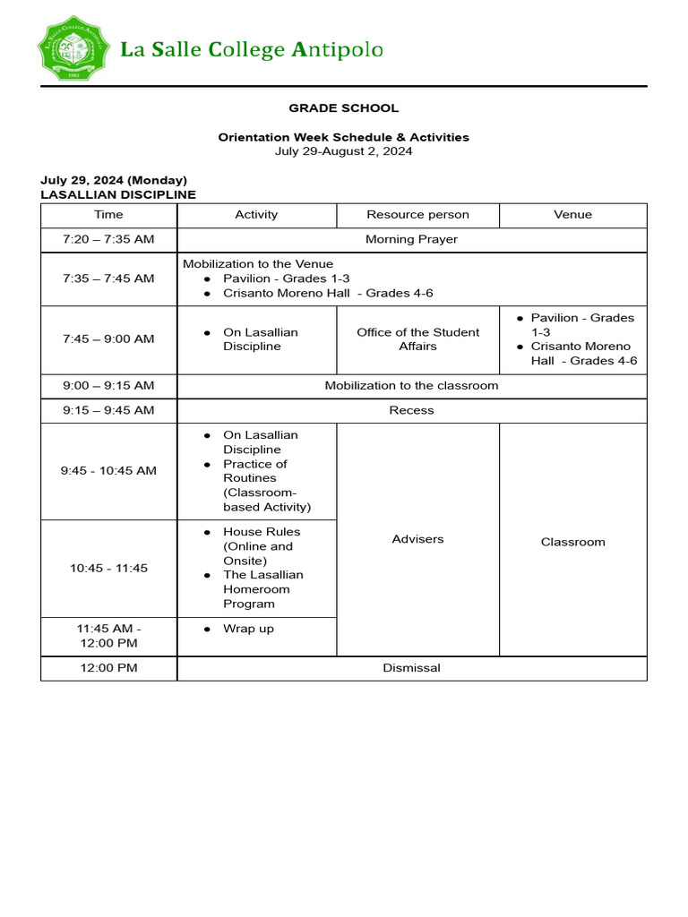 GS JULY 29 AUG 2 Orientation Schedule Activities 2024 2025 | PDF