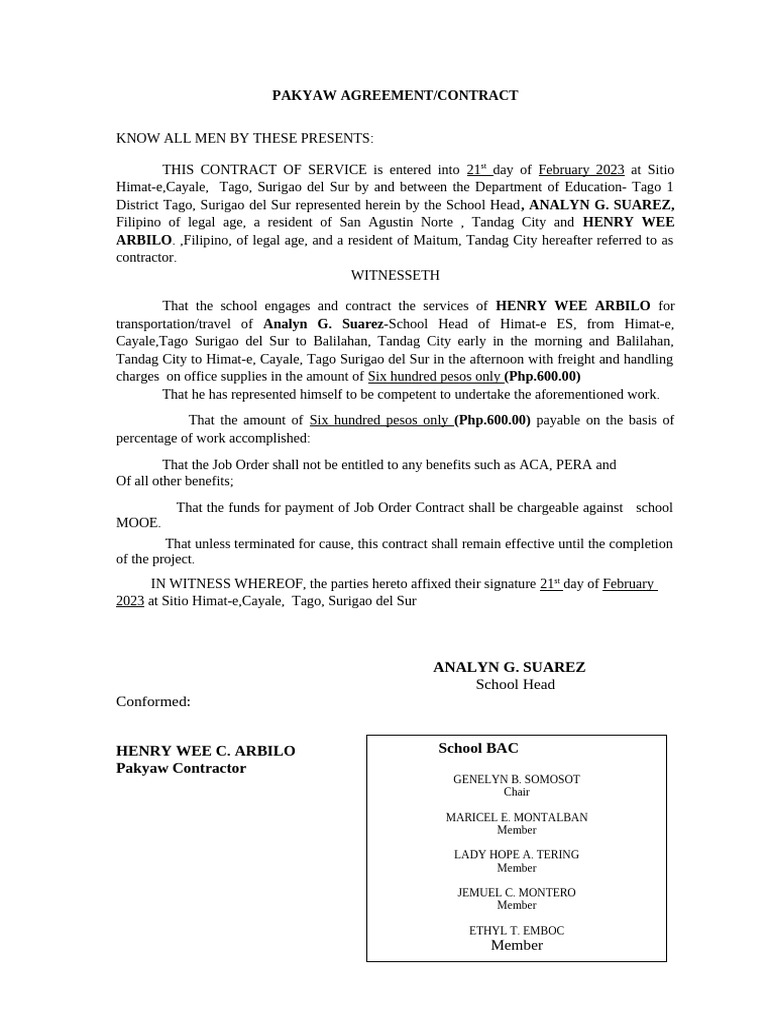 PAKYAW-AGREEMENT-TRANSPO | PDF