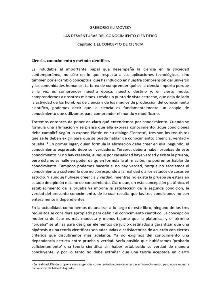 (U1) Klimovsky, G. (1995) - Las Desventuras Del Conocimiento Científico. Capítulo 1. | PDF