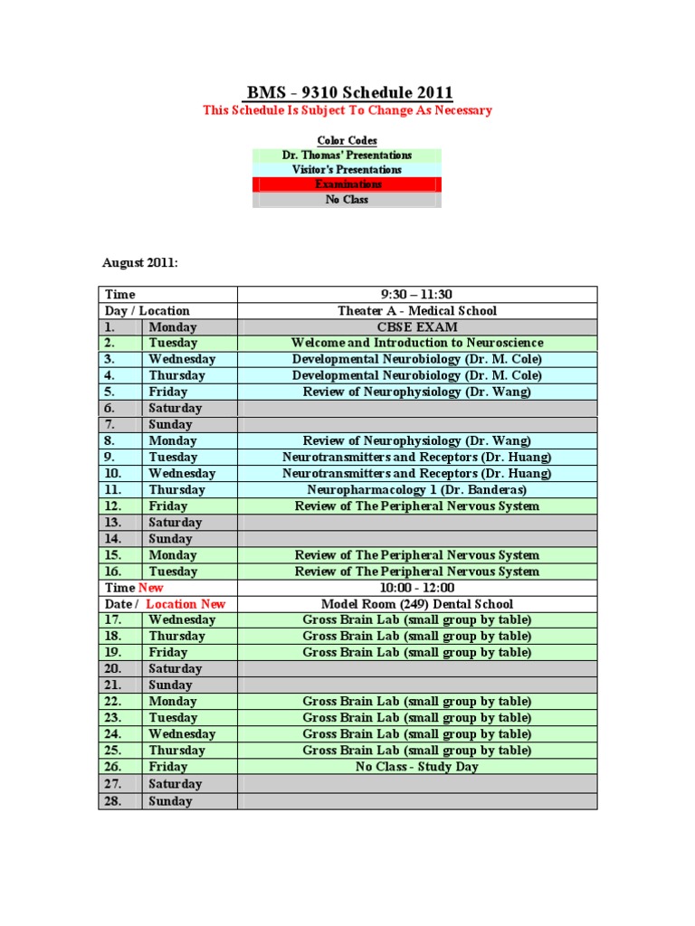 BMS - 9310 Schedule 2011: This Schedule Is Subject To Change As ...