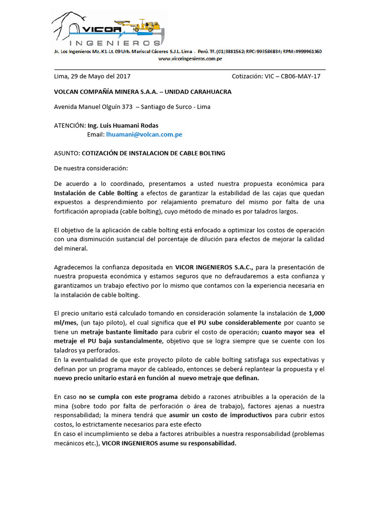 Carta Propuesta - Cable Bolting- Carahuacra - VICOR INGENIEROS | PDF