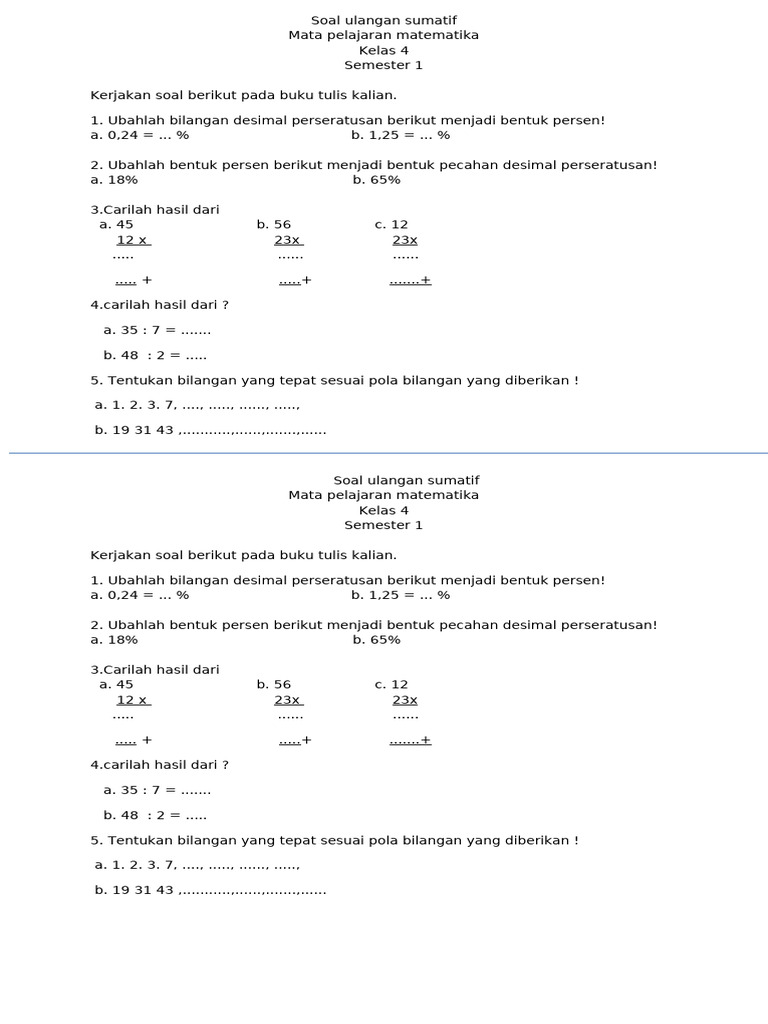 Soal Ulangan Sumatif MTK | PDF