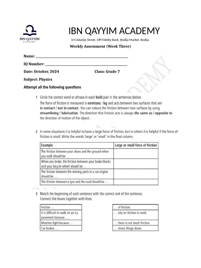 Grade 7 PHY - Week 4 Assessment | PDF