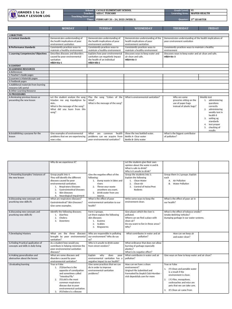 DLL - Mapeh-Health 6 - Q3 - W2 | PDF