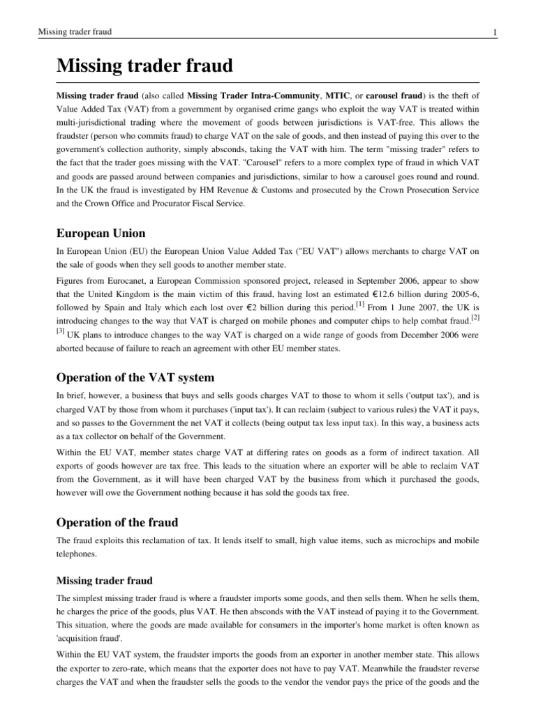 Missing Trader Fraud VAT | Value Added Tax | Government Finances