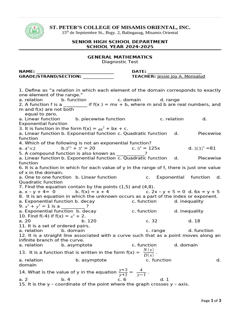 Gen Math Diagnostics | PDF | Function (Mathematics) | Teaching Methods ...