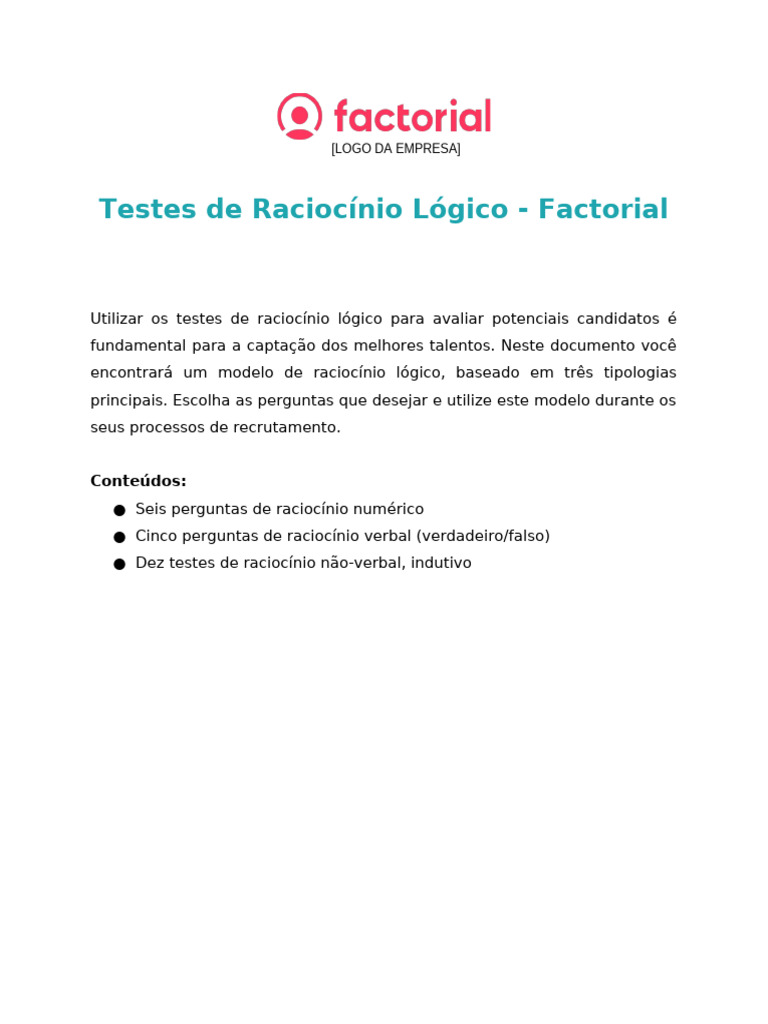 Factorial-Testes-Raciocício-Lógico (Faça Uma Cópia para Editar) | PDF