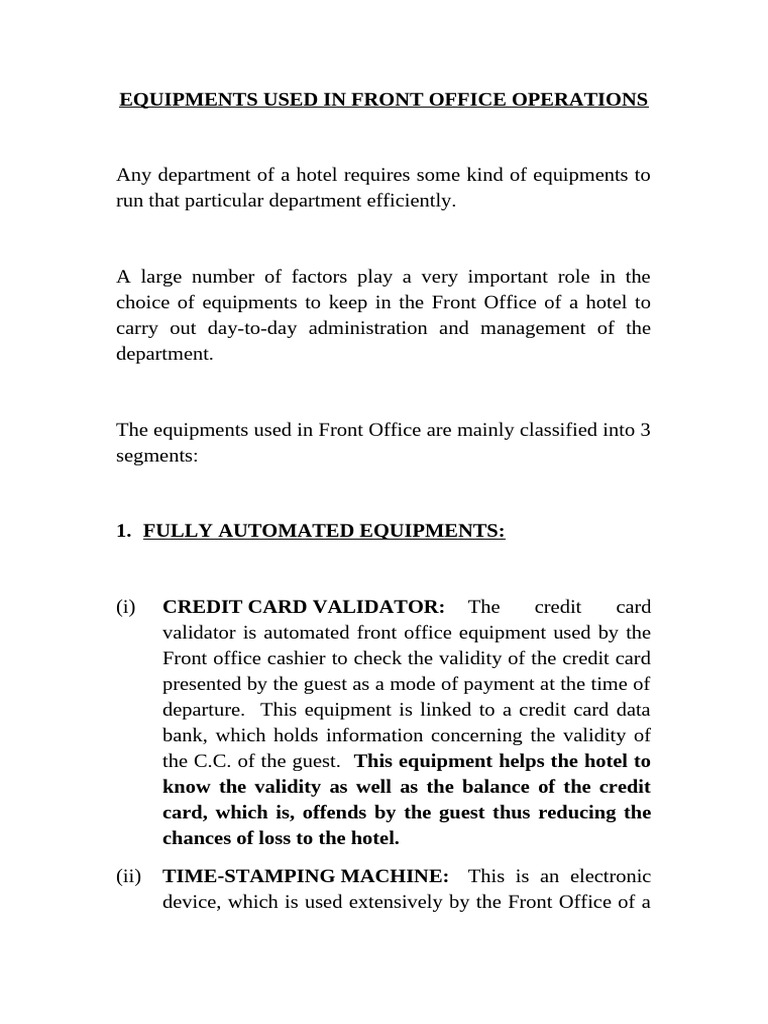Task 5EQUIPMENTS USED IN FRONT OFFICE OPERATIONS | PDF