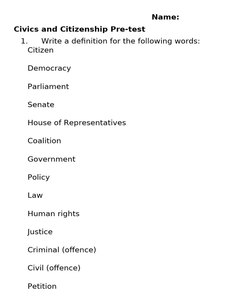 Civics and Citizenship Pre-Test | PDF