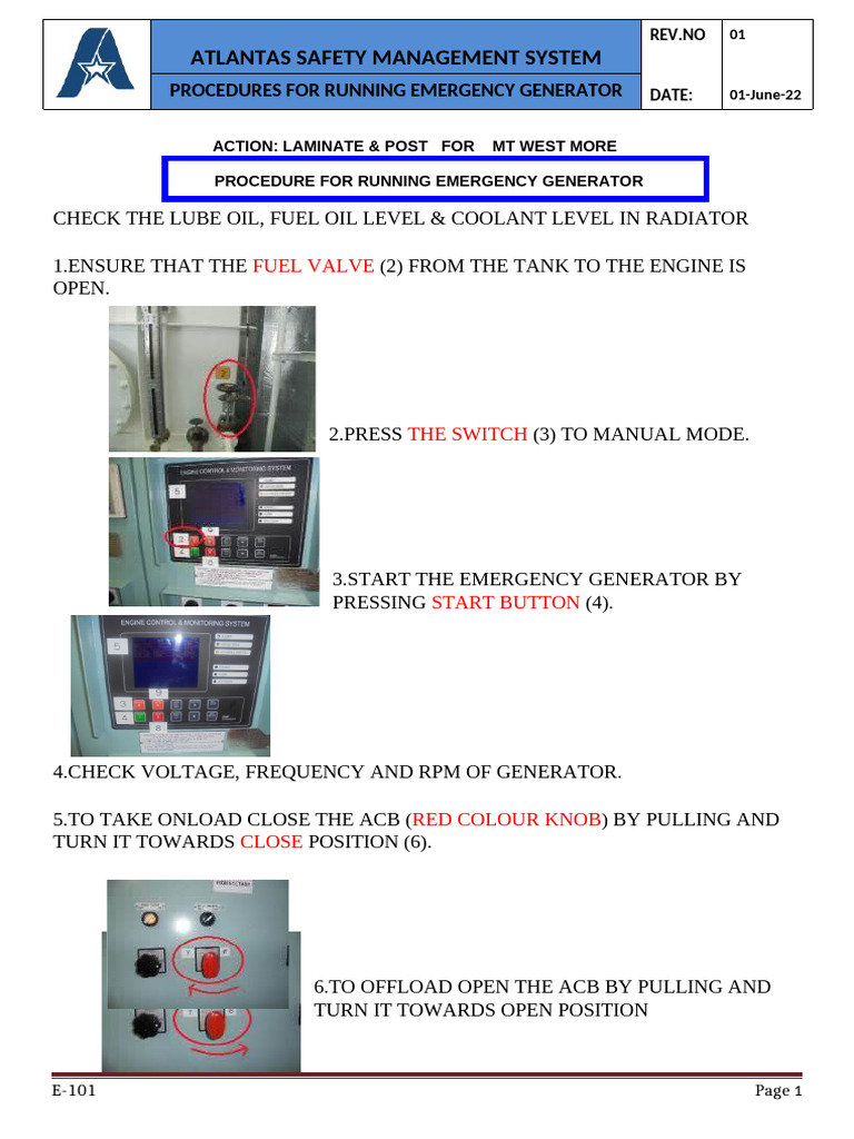 Procedures For Running Emergency Generator | PDF
