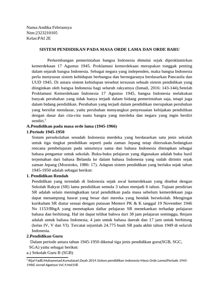 Sejarah Pendidikan Masa Orde Lama Dan Orde Baru Andika Febriansya | PDF