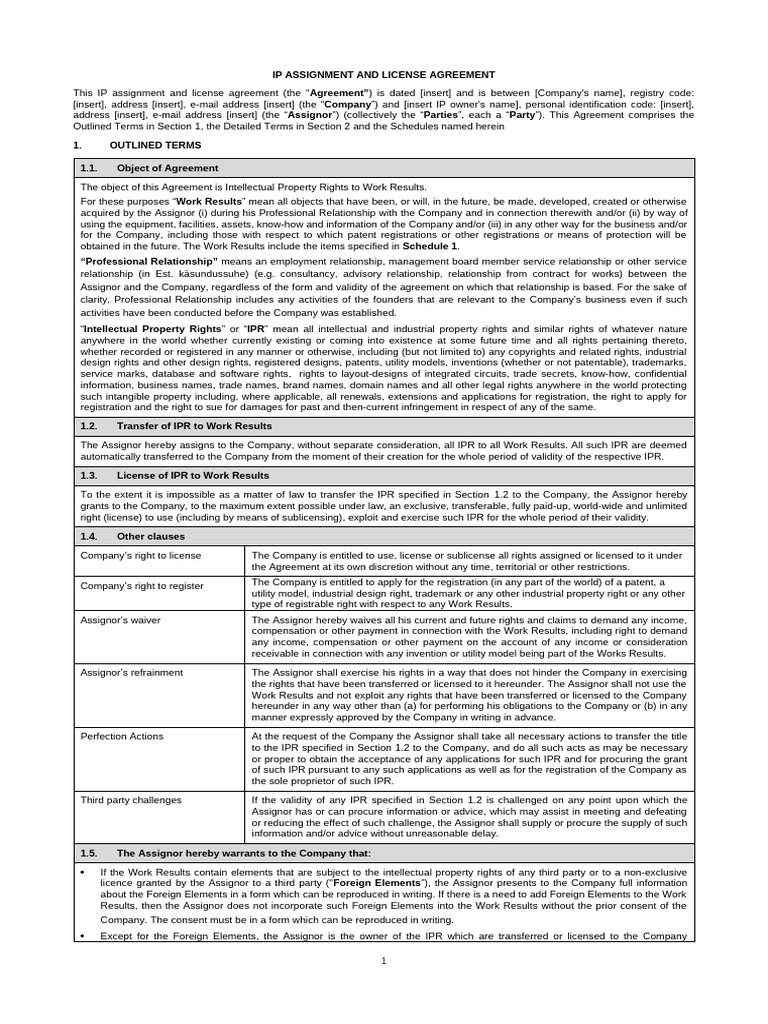 IP Assignment and License Agreement-1 | PDF