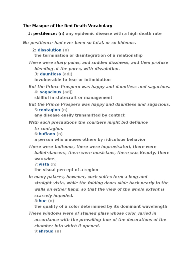 The Masque of The Red Death Vocabulary List - 1872811520 | PDF