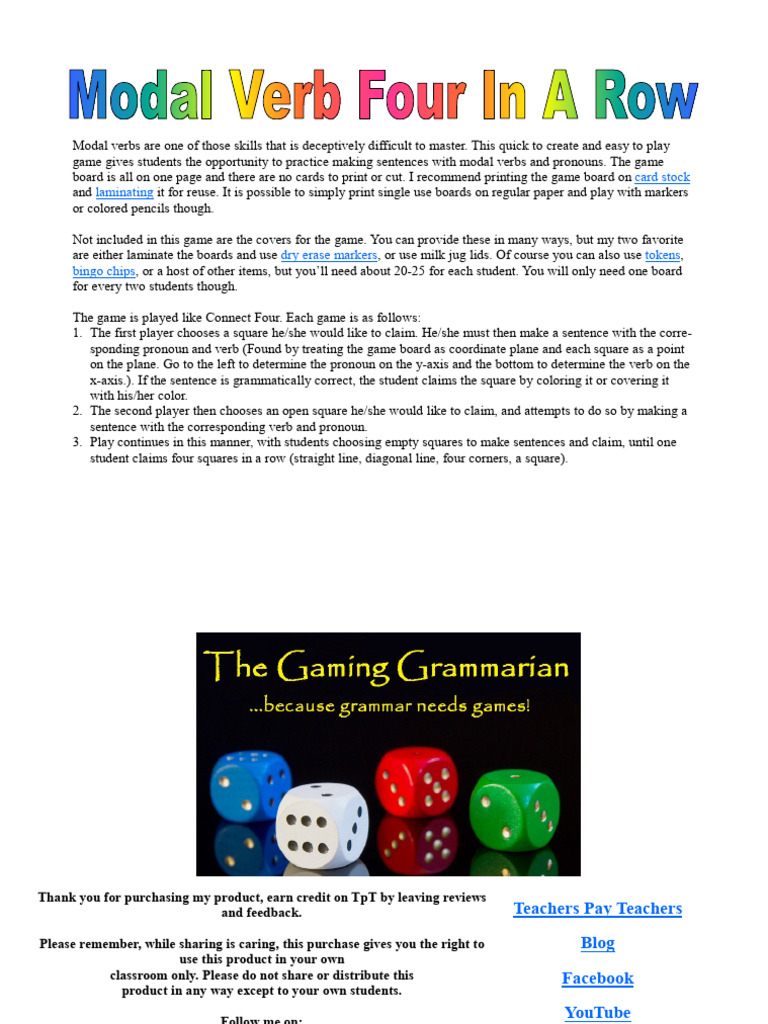 Modal Verb Four in A Row | PDF