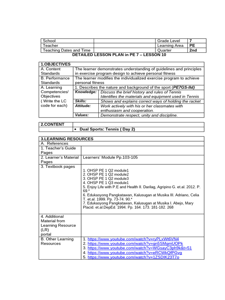 PE Grade 7 - Lesson 10 | PDF