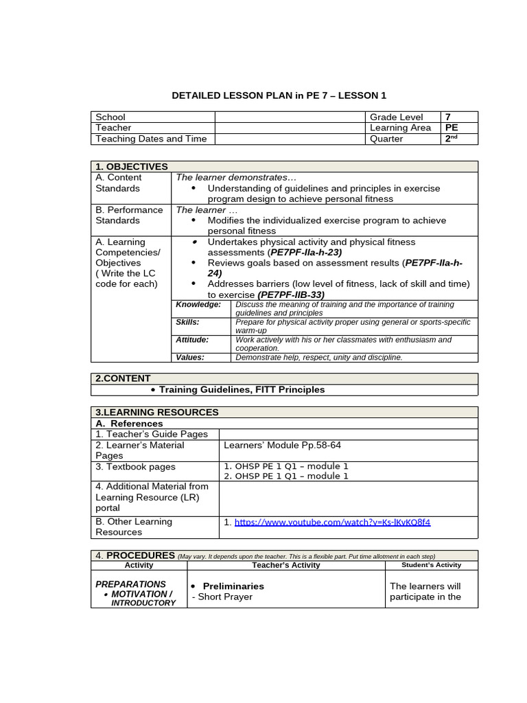 PE Grade 7 - Lesson 1 - REVIEW OF FITTE PRINCIPLE - TRAINING | PDF