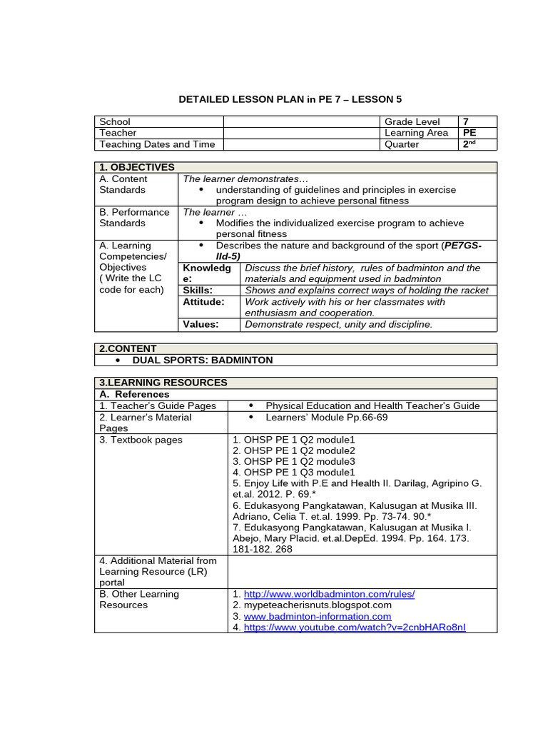 Pe Grade 7 - Lesson 5 - Badminton (Day 1) | PDF