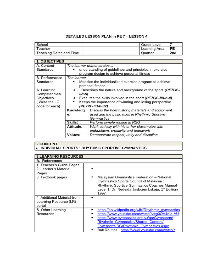 Pe Grade 7 - Lesson 4 - Rhythmic Gymnastics | PDF