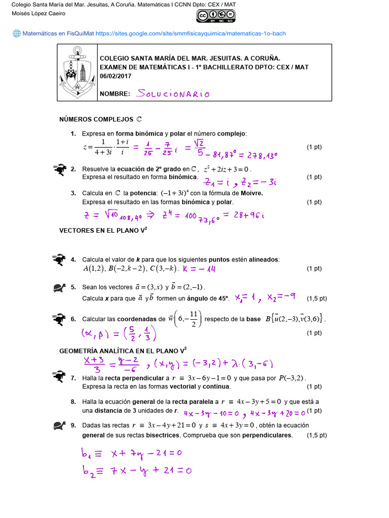 2016-2017 MAT1 EVA2 Control 1B Solucionario | PDF
