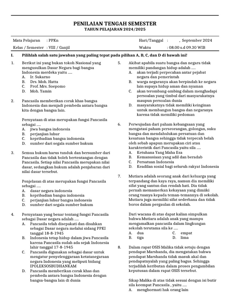 Soal PTS I PPKN VIII - Ganjil Mepa | PDF | Forms Of Government | Philosophy