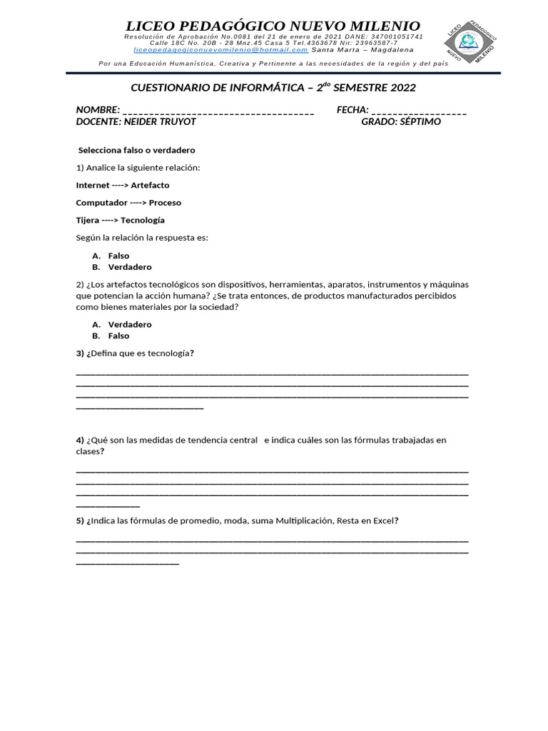 Cuestionario INFORMÁTICA SEPTIMO ° 2-22 | PDF