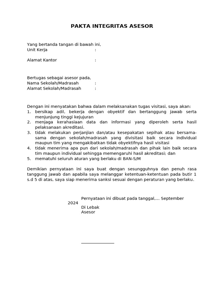 Form Pakta Integritas Asesor | PDF