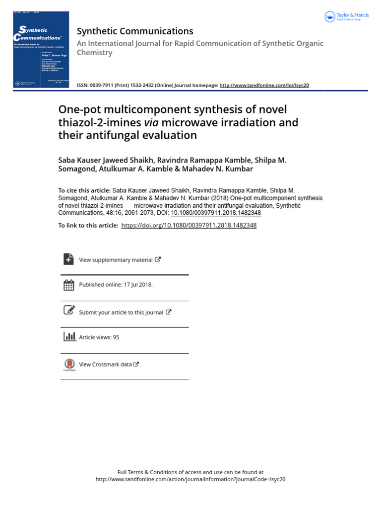One Pot Multicomponent Synthesis of Novel Thiazol 2 Imines Via Microwave Irradiation and Their ...