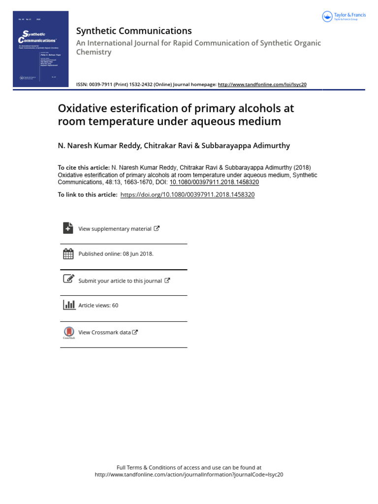 Oxidative Esterification of Primary Alcohols at Room Temperature Under ...