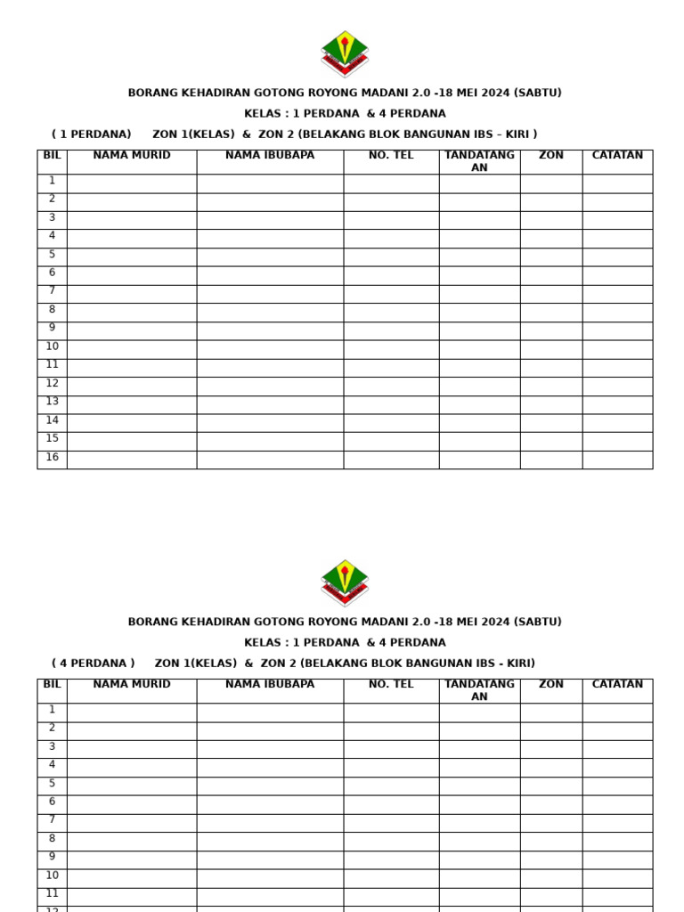Borang Kehadiran Gotong Royong Madani 2 | PDF