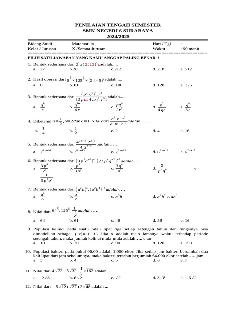 PTS Mat X Ganjil 2024-2025 Fix | PDF