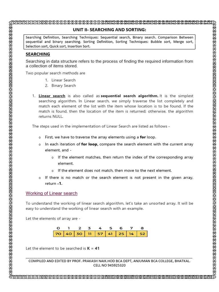 Unit II - Searching and Sorting | PDF
