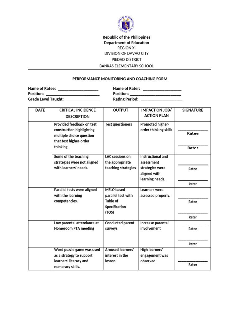 PERFORMANCE MONITORING AND COACHING FORM | PDF PERFORMANCE MONITORING AND COACHING FORM | PDF