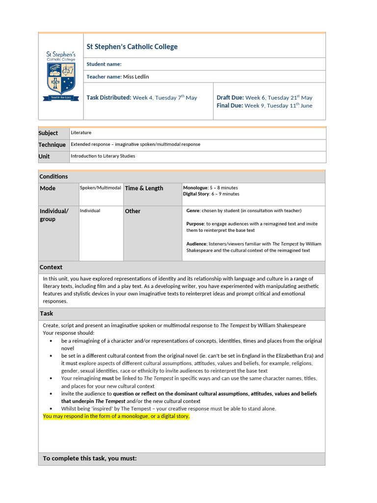 2024 Year 11 Literature Imaginative Oral Response Task Sheet (2) | PDF